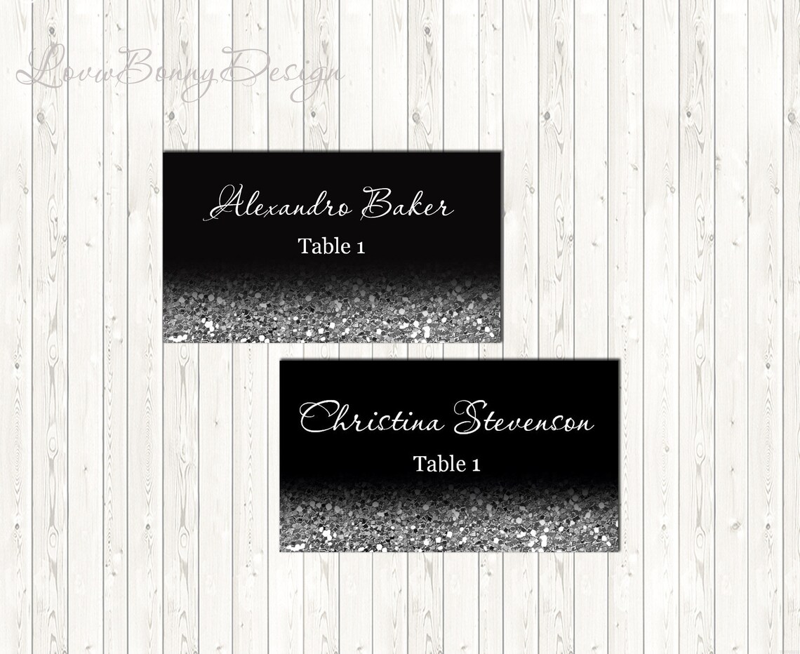 Black and Silver Place Cards, DIY Place Card Printable, Black and ...