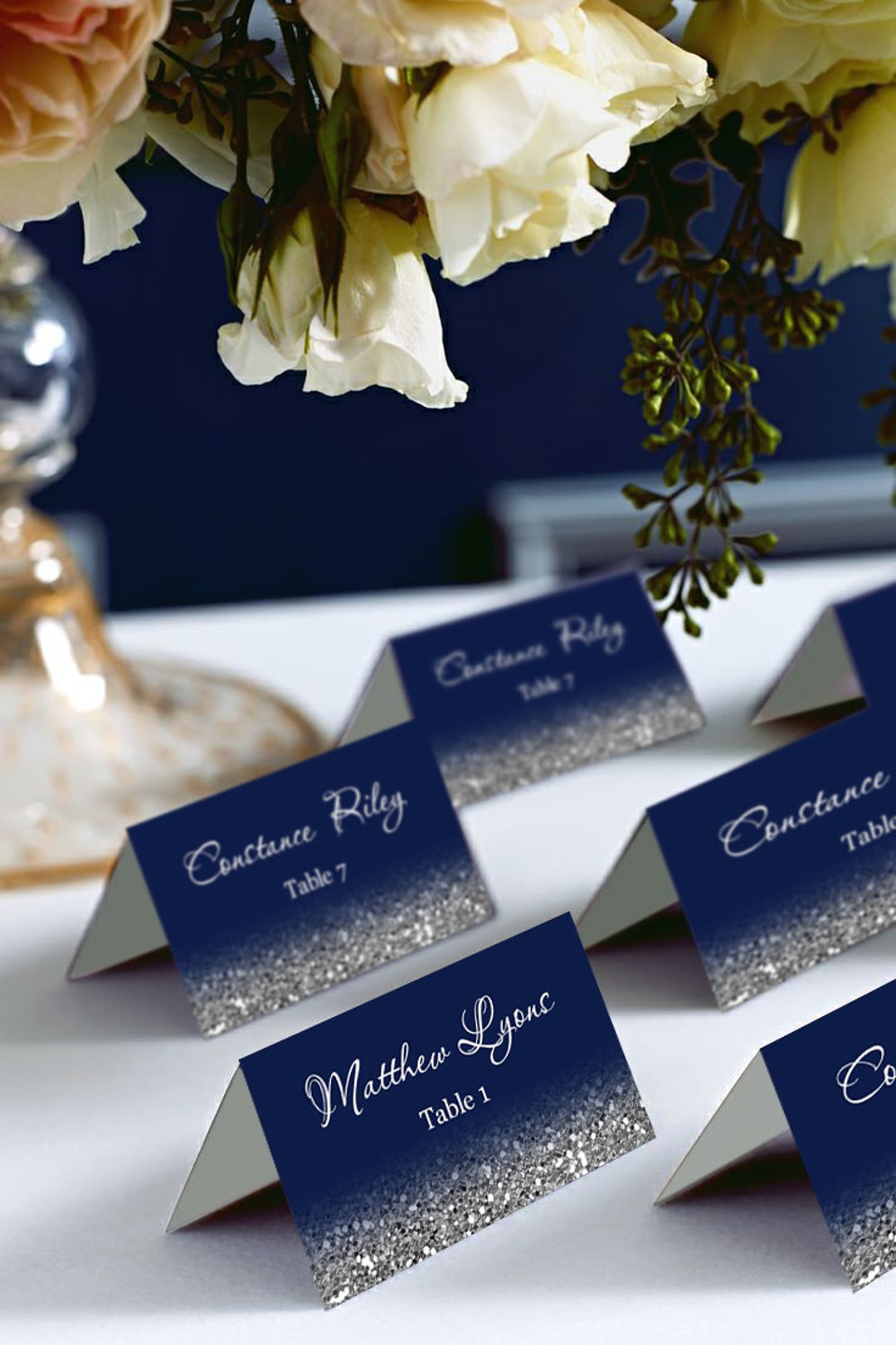 Navy and Silver Glitter Tent Place Cards, Place Cards, Avery 5302 DIY ...