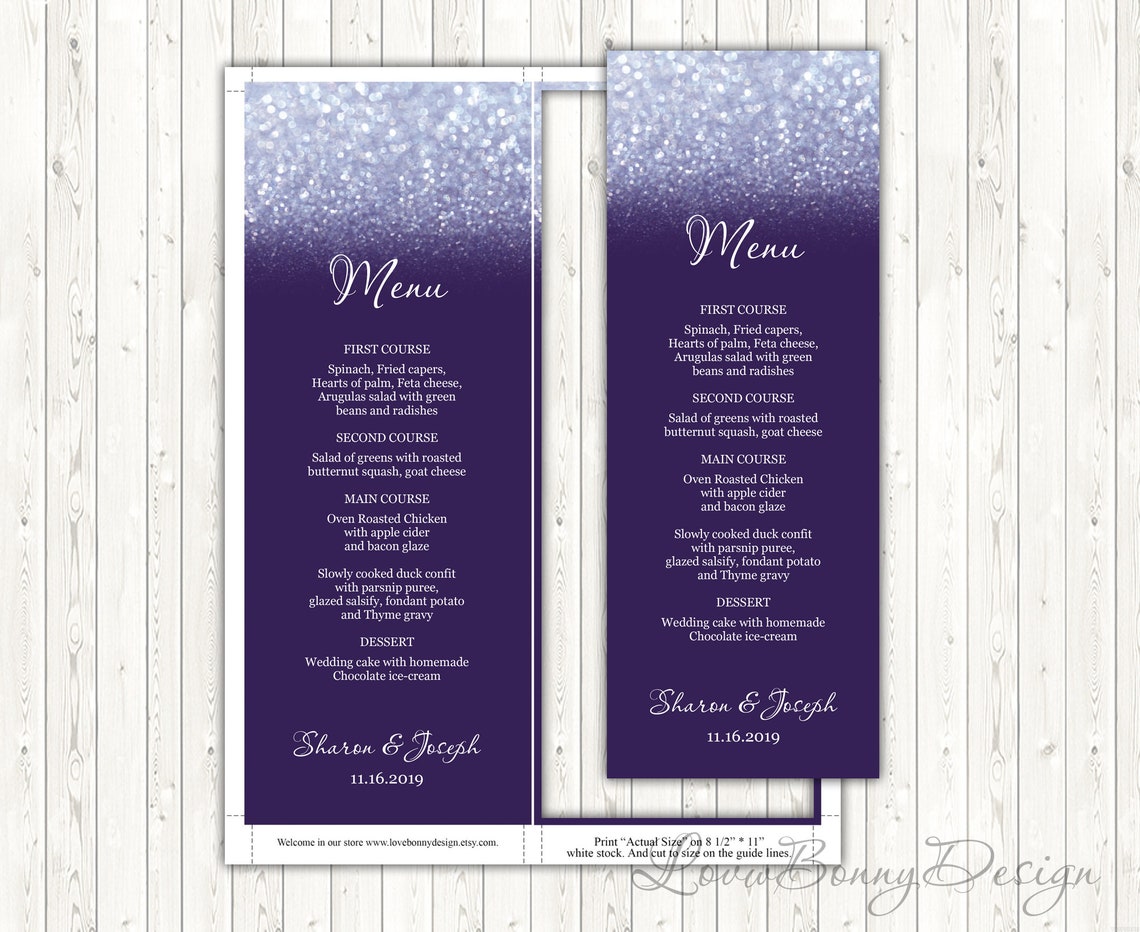 Purple and Silver Glitter Menu Template Silver Sparkles - Etsy