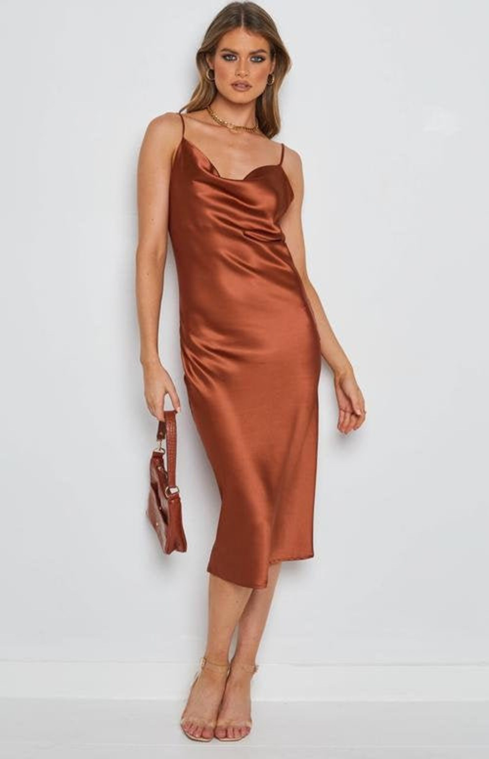 Rust Color Satin Dress Bridesmaid Dress Wedding Dress Long Etsy