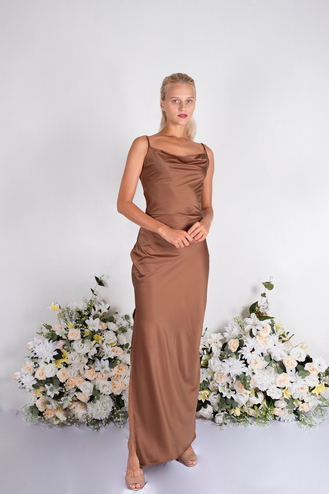 Brown Color Satin Dress , Cowl Slip Dress , Wedding Dress, Bridesmaid ...