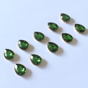 15 Pieces Green Color (12x 18 MM) Tear Shape Sew on Glass Crystal Stone ...