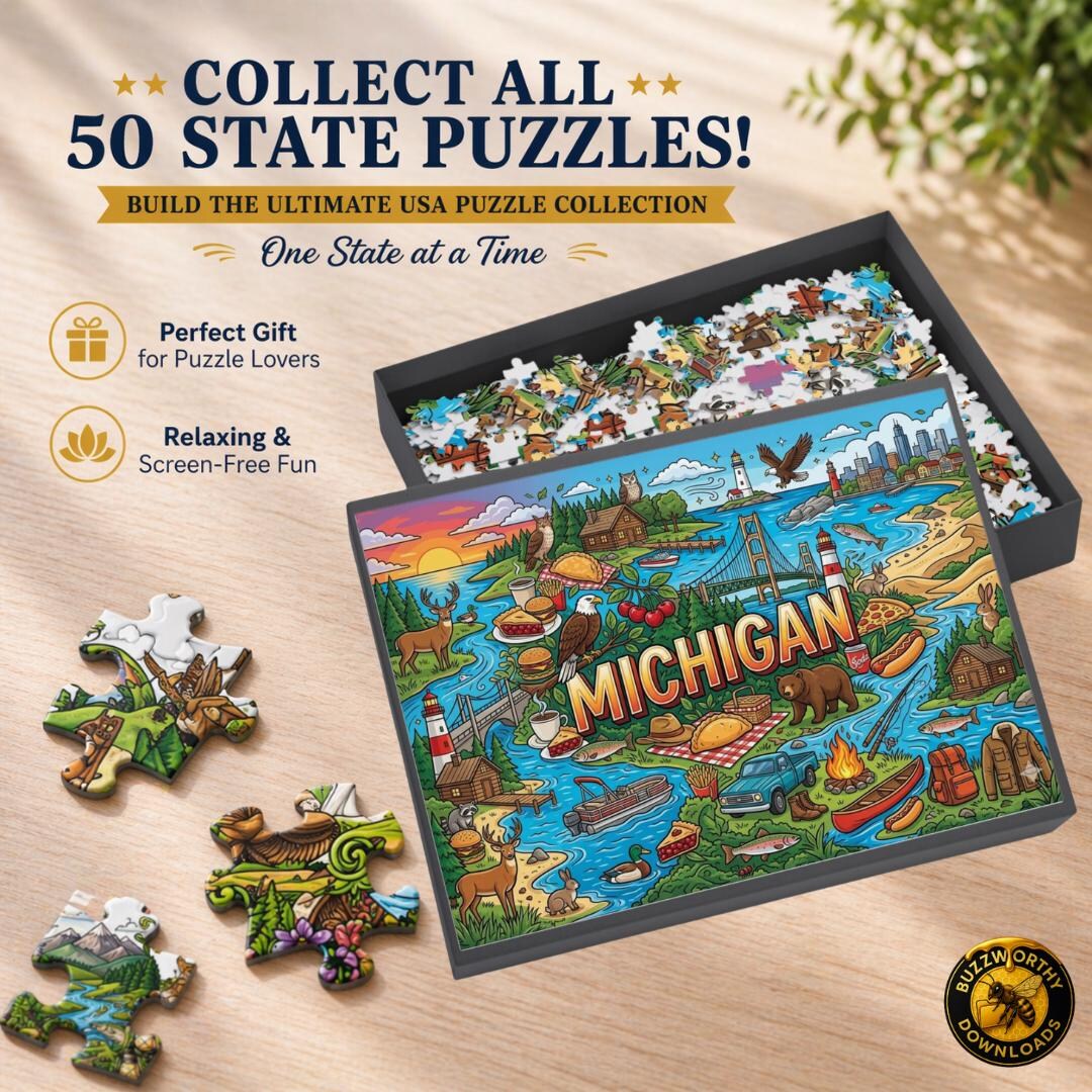 Michigan Jigsaw Puzzle, State Icons Scenic Illustration, 50 States ...
