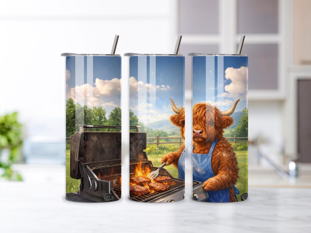 Highland Cow Grilling Steaks, Funny Farm Animal Chef, BBQ Grill Flames ...
