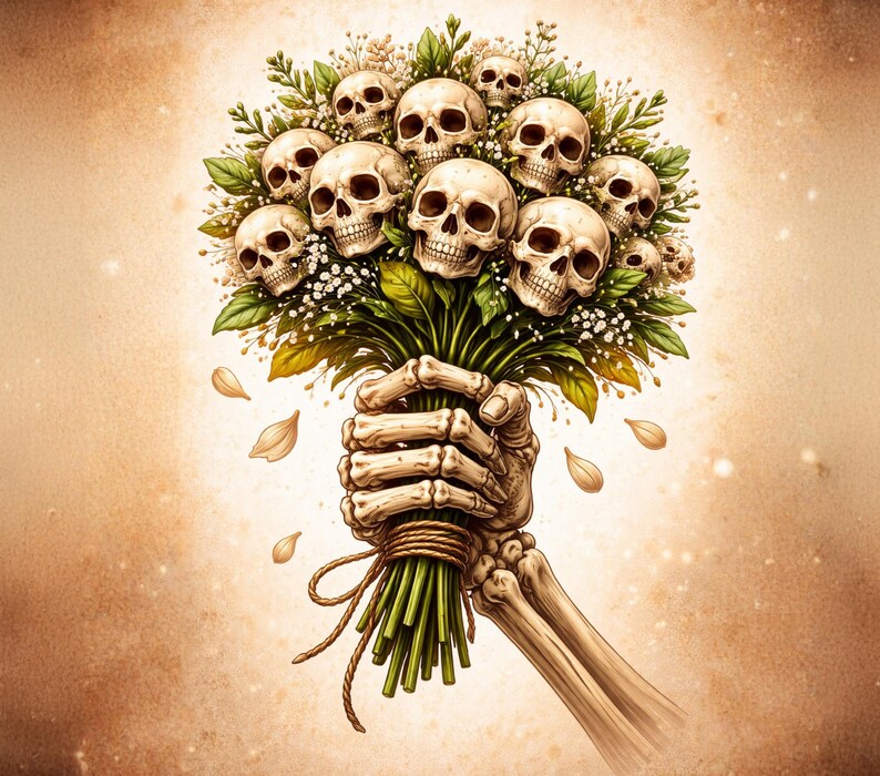Skeleton Hand Holding Skull Bouquet, Gothic Floral Skull Art, Dark ...