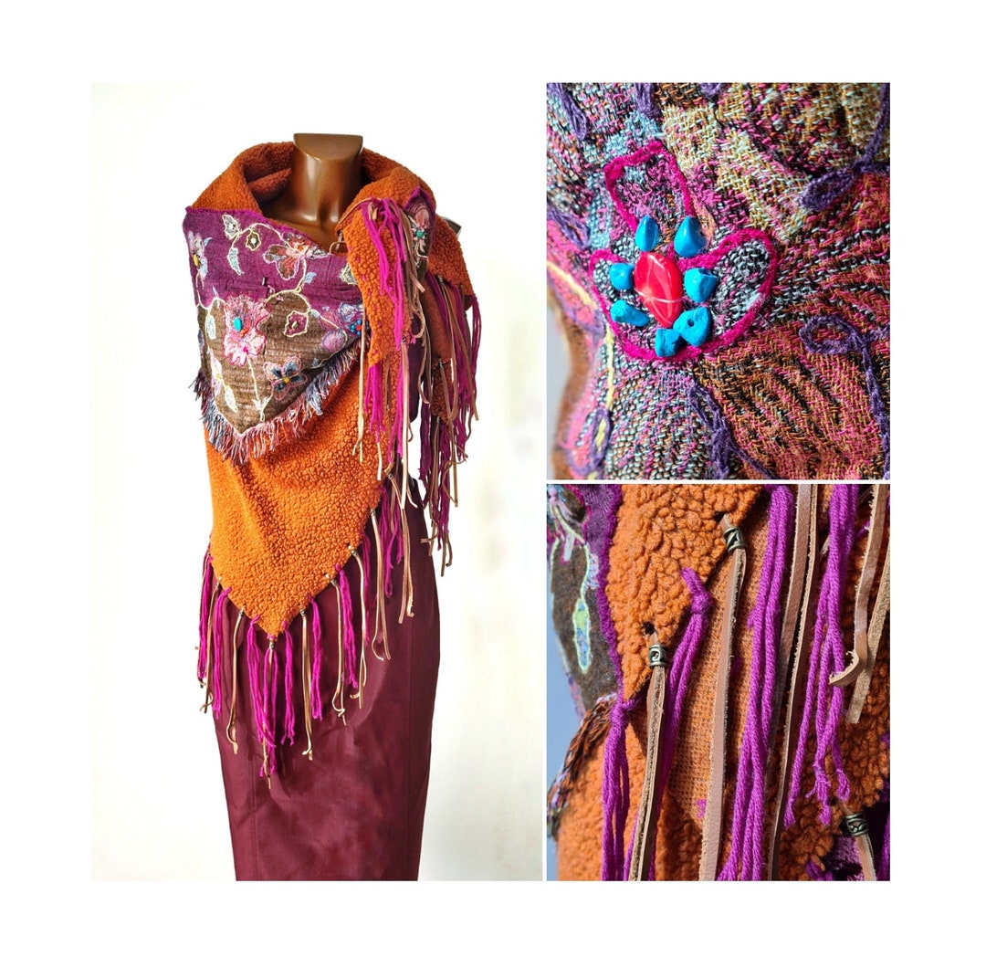 Triangular Wool Shawl With Fringes, Orange and Fuchsia With Indian ...