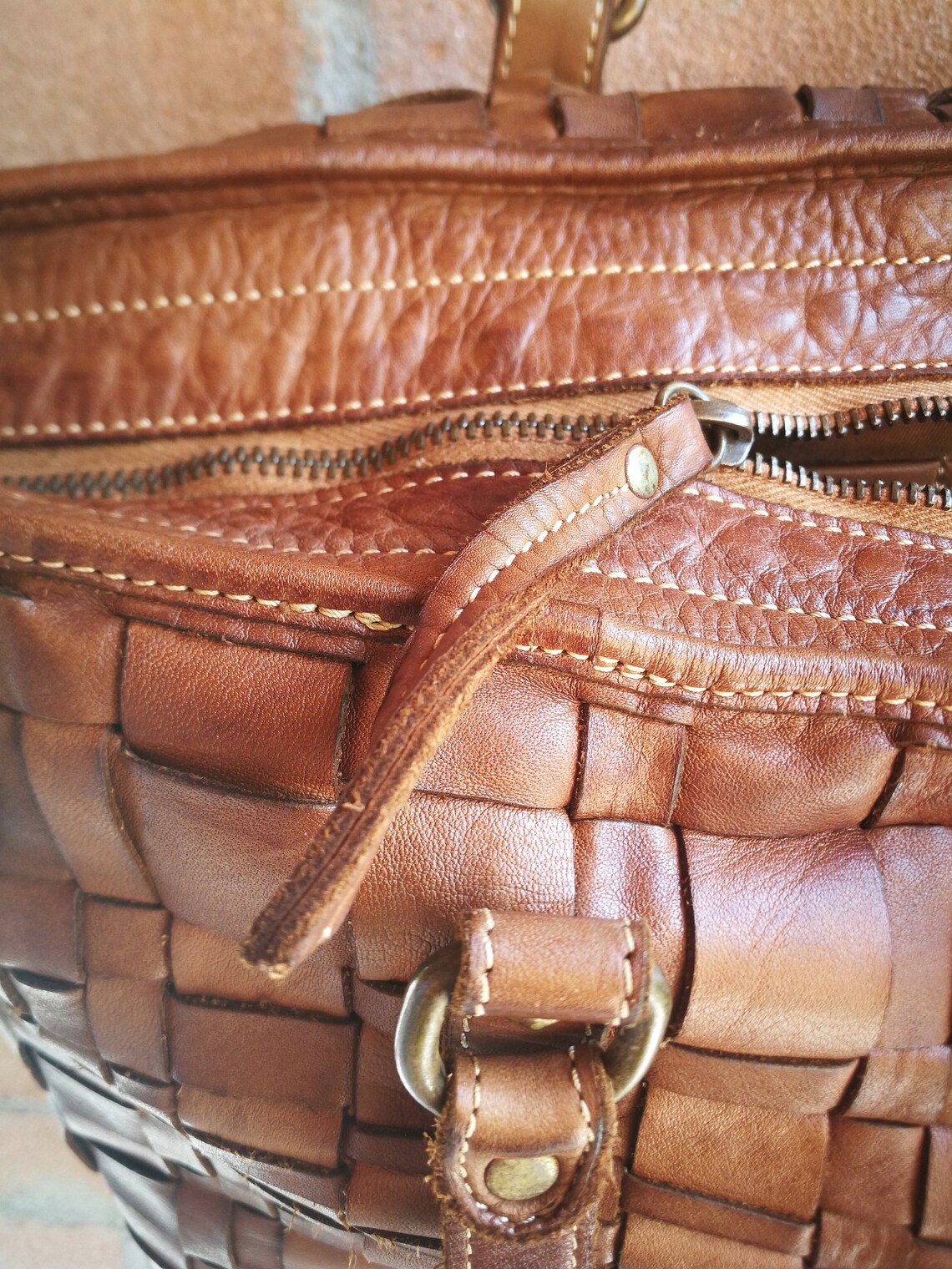Tobacco-colored Woven Leather Bag With Handles and Zipper - Etsy