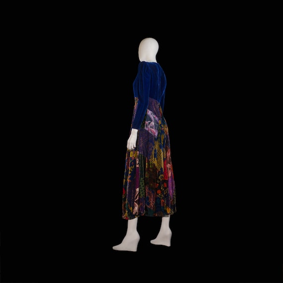 1970s Floral patchwork and sapphire blue velvet maxi … - Gem