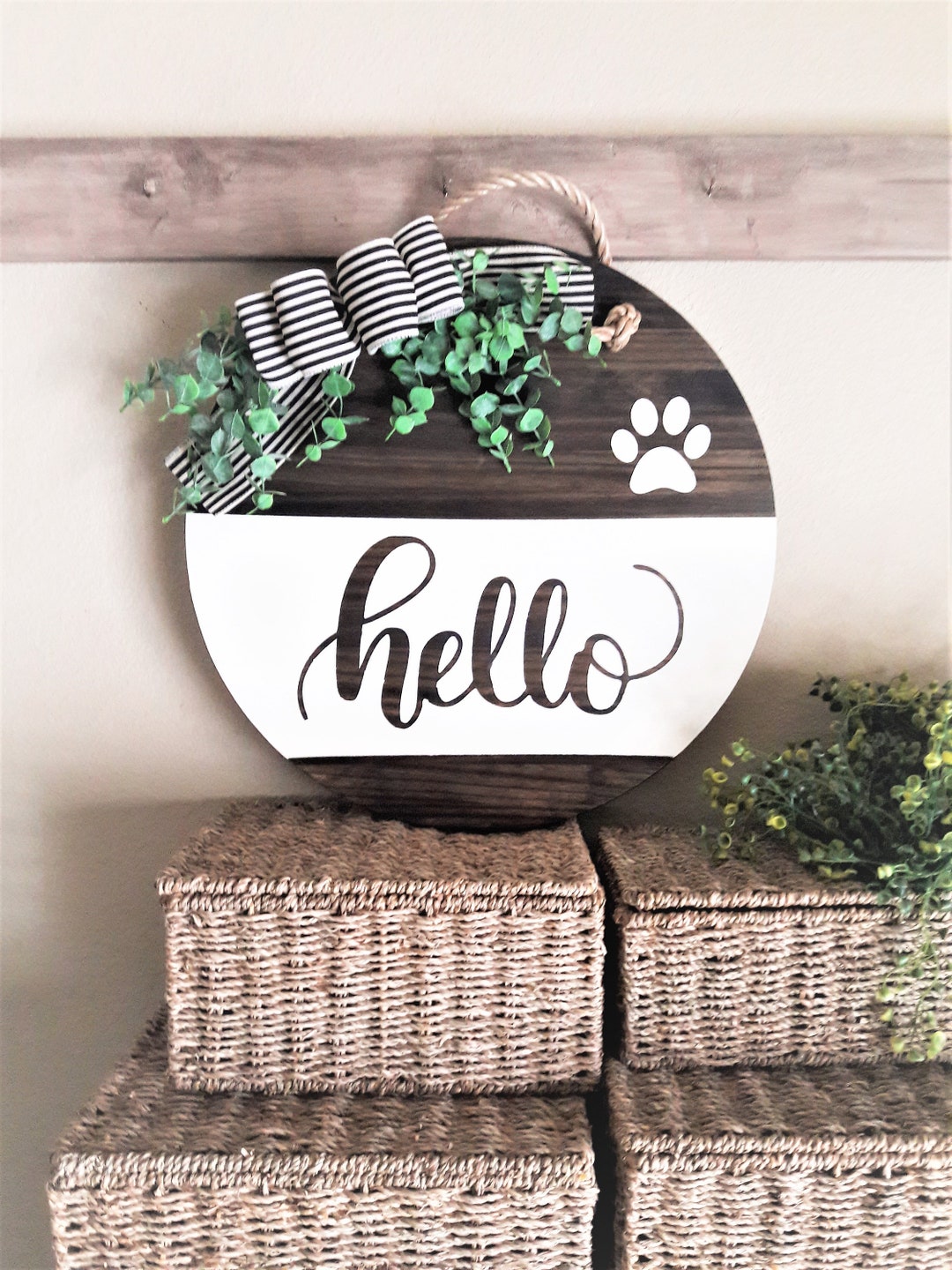 Door Sign, Door Hanger, Hello Sign Ivory Color, Wooden Door Sign ...