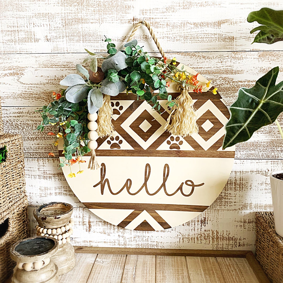 Boho Style Door Hanger, Door Hanger, Door Sign, Hello Door Sign, Paw ...