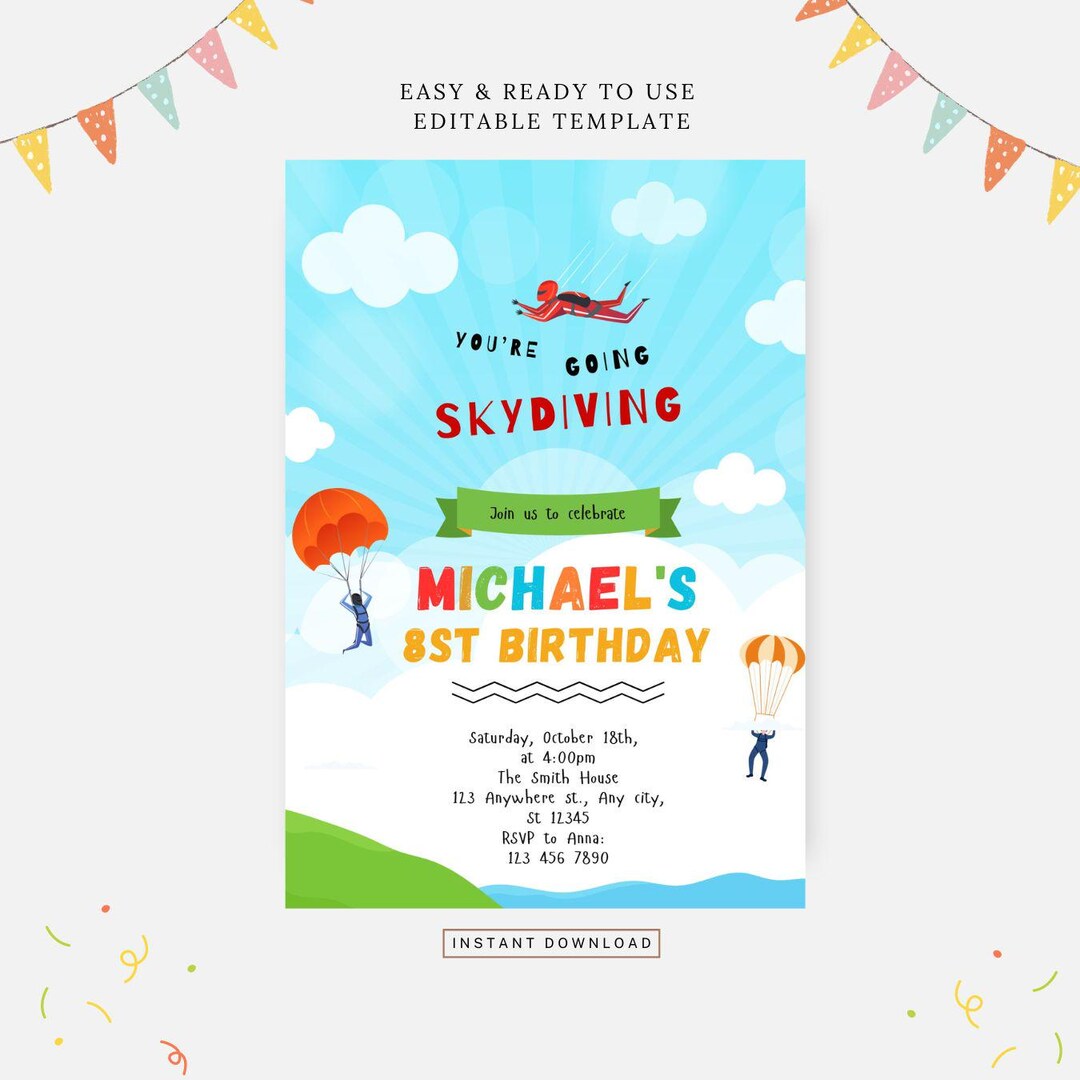 Sky Diving Birthday Party Invitation, Editable Template, Instant ...