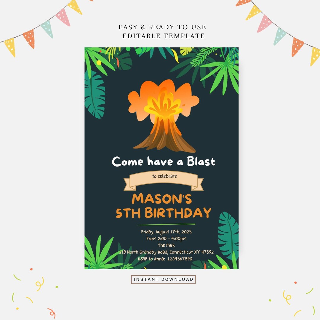 Cute Volcano Theme Birthday Party, Editable Template, Instant Download ...