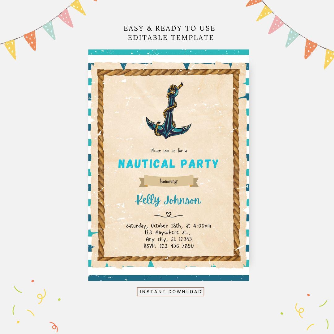 Nautical Party Invitation, Editable Template, Instant Download, DIY ...