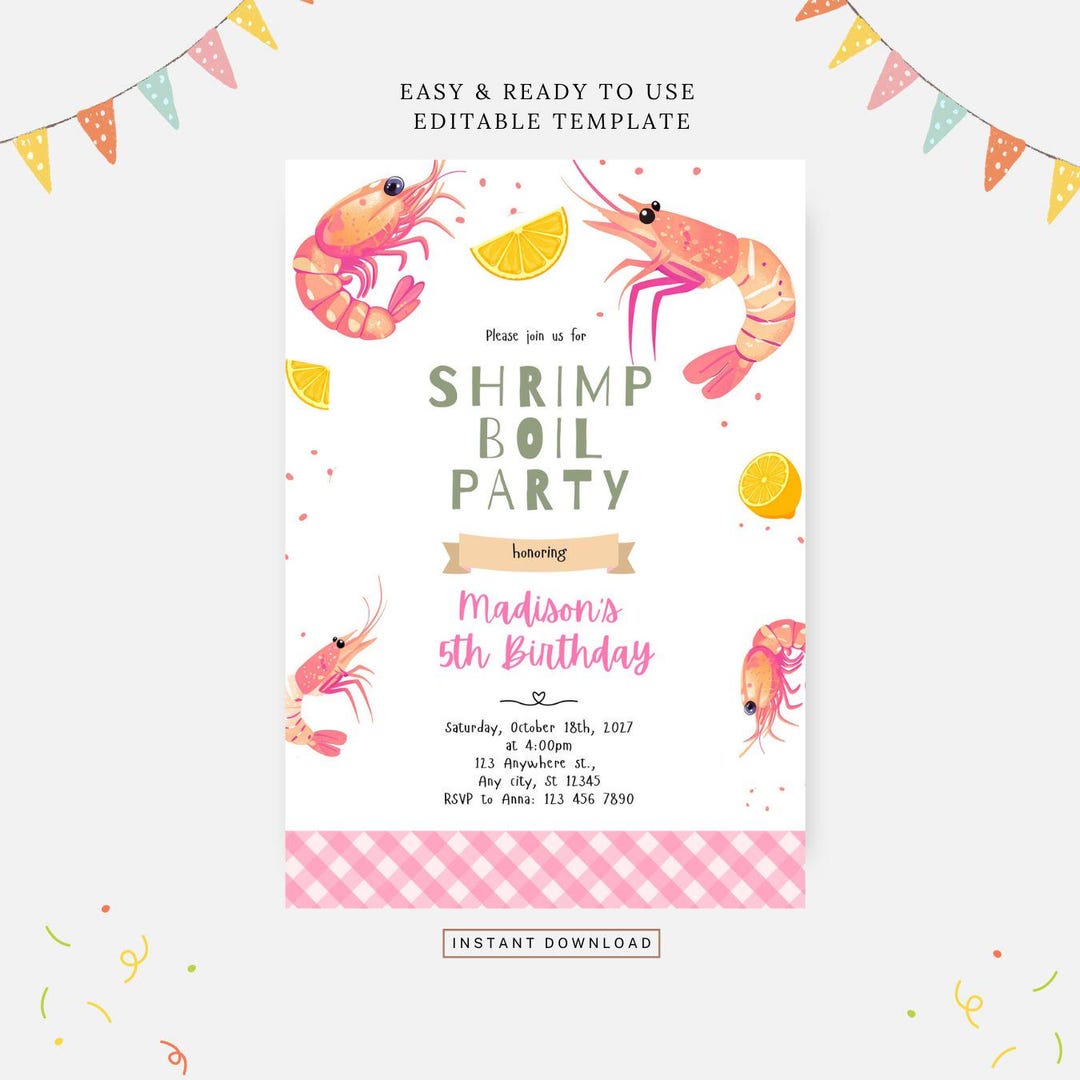 Shrimp Boil Girl Party Invitation, Editable Template, Instant Download ...