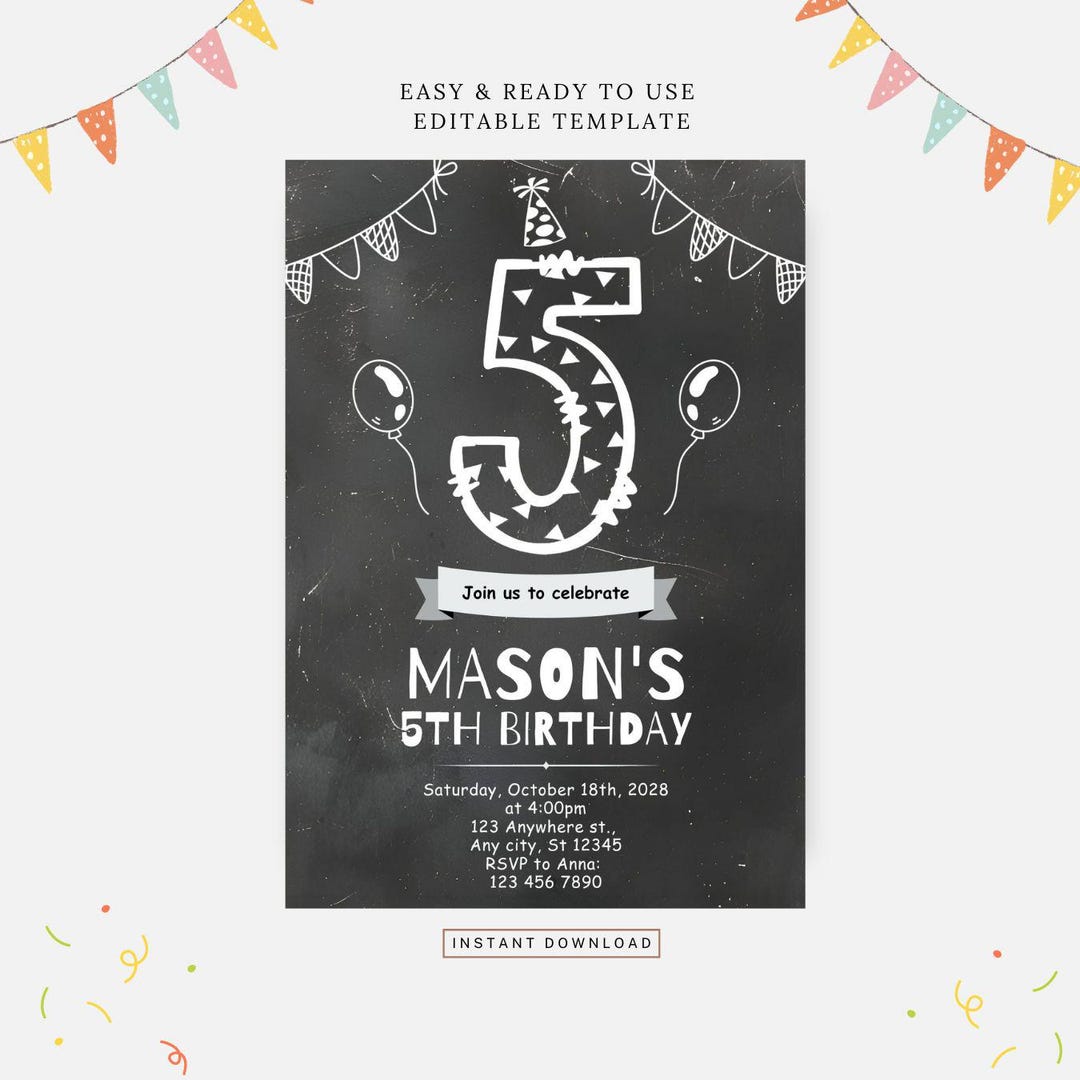 Chalkboard Doodle 5 Birthday Invitation, Editable Template, Instant ...