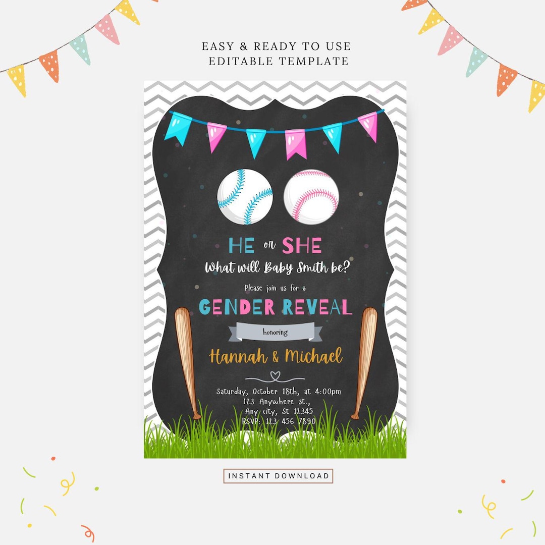Baseball Gender Reveal Invitation, Editable Template, Instant Download ...