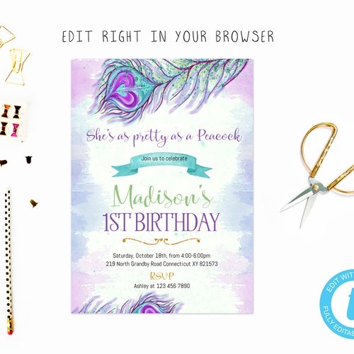 Editable Party Invitations Peacock Feather Glitter Invitation - Etsy
