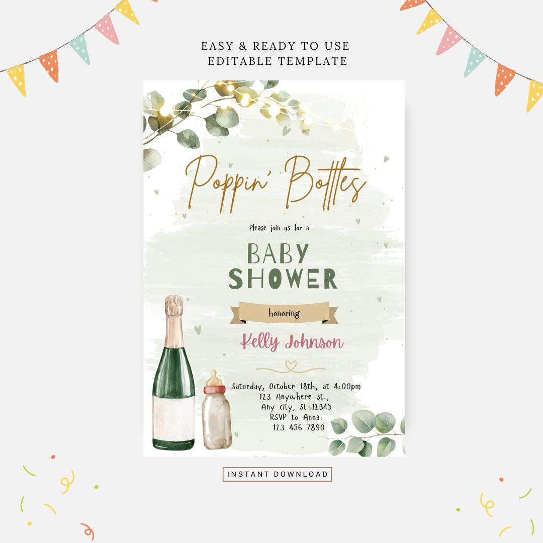 Poppin' Bottles Baby Shower Invitation, Editable Template, Instant ...