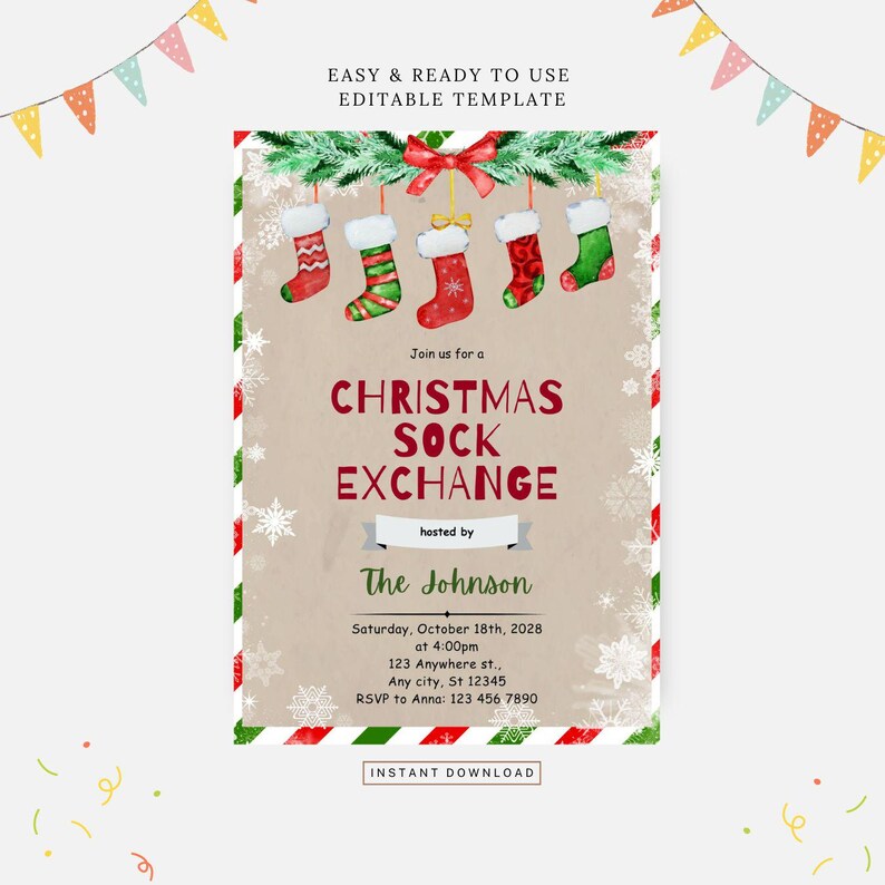 Christmas Sock Exchange Invitation, Editable Template, Instant Download ...