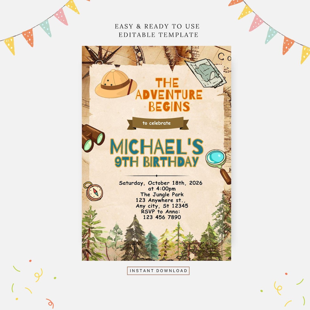 Explorer Adventure Birthday Invitation, Editable Template, Instant ...