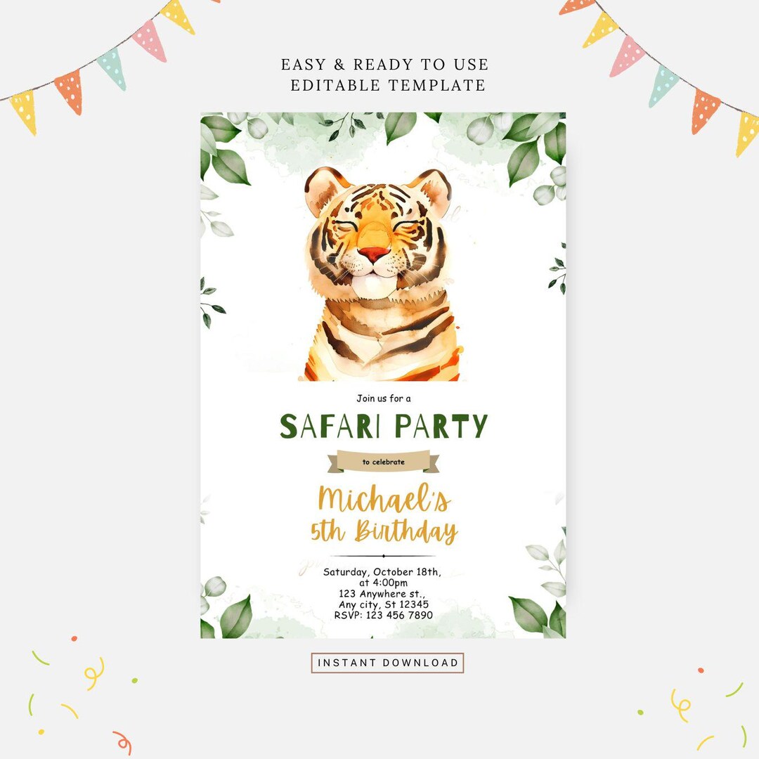 Tiger Party Invitation, Editable Template, Instant Download, DIY ...