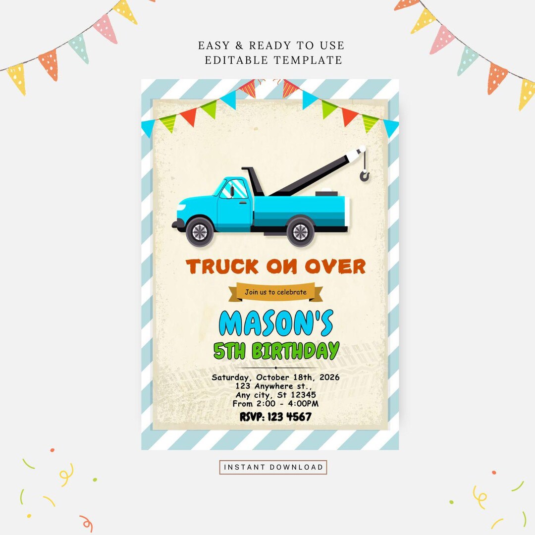 Tow Truck Party Invitation, Editable Template, Instant Download, DIY ...