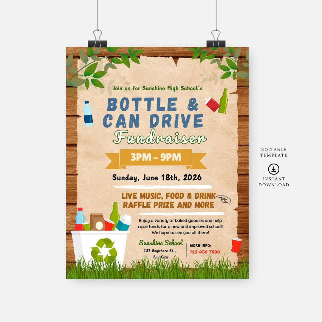 Can and Bottle Drive Fundraiser Flyer, Editable Template, Instant ...