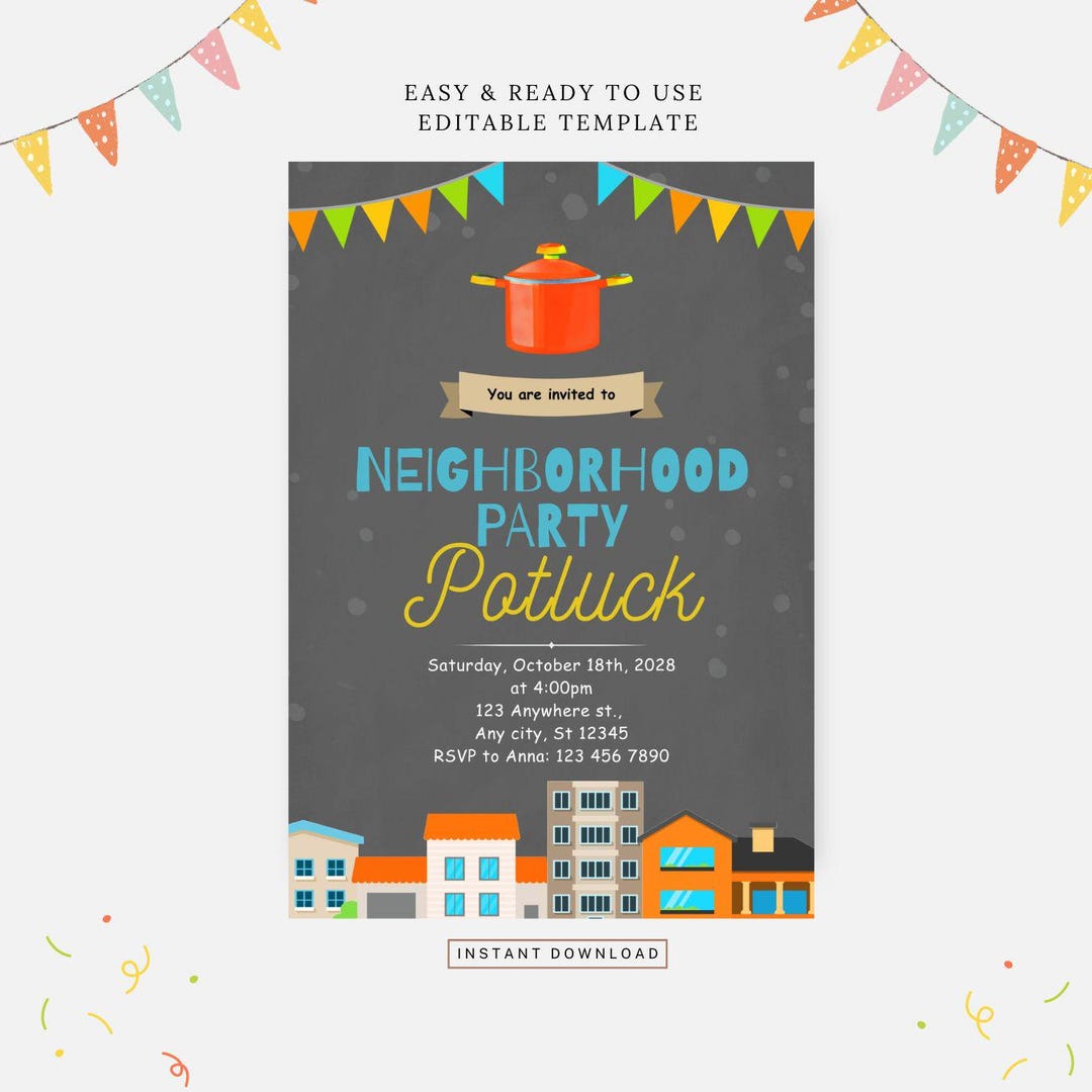 Neighborhood Block Potluck Invitation, Editable Template, Instant ...