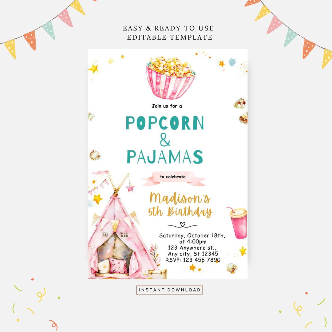Popcorn Pajamas Party Invitation, Editable Template, Instant Download ...