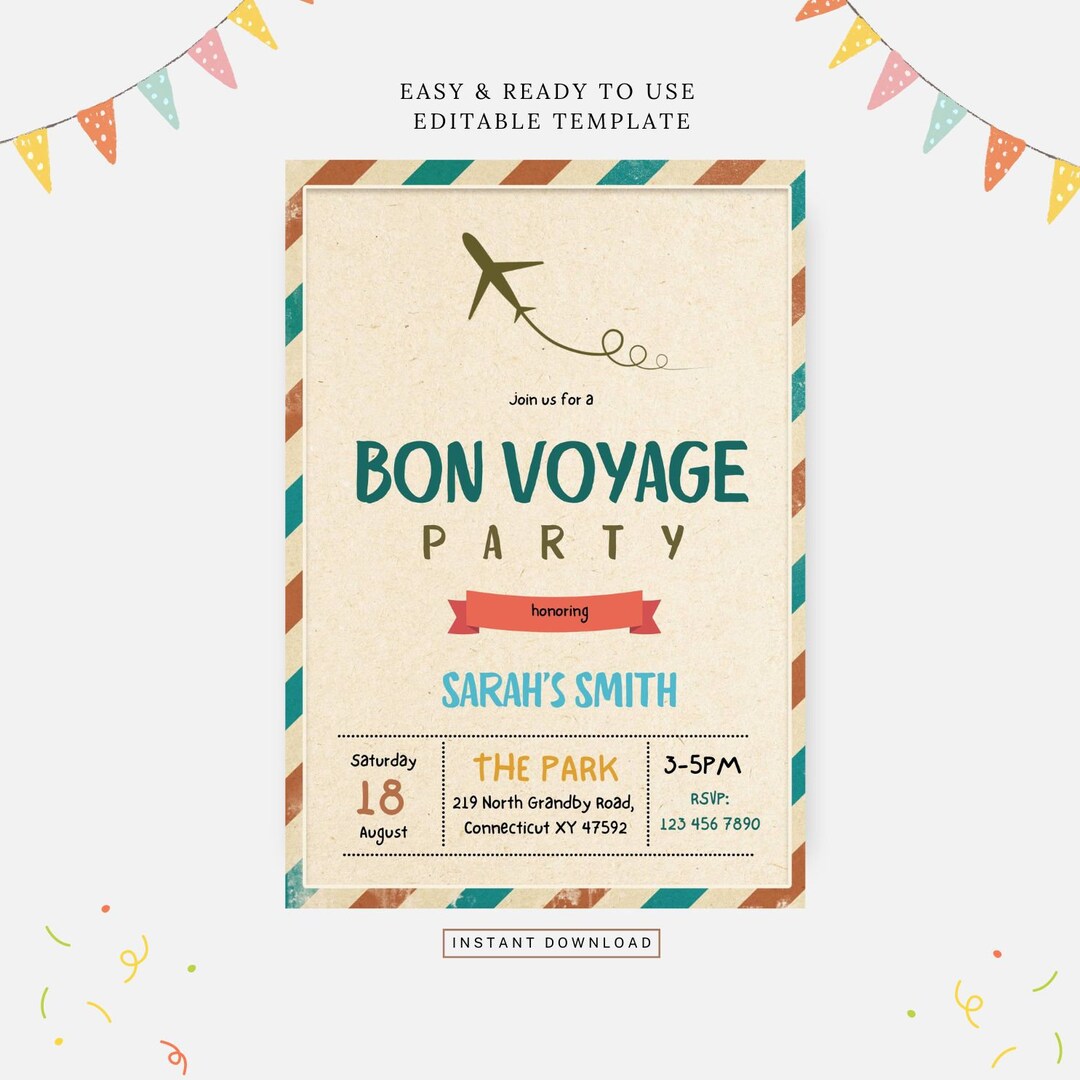 Bon Voyage Party, Editable Template, Instant Download, DIY Invitation ...