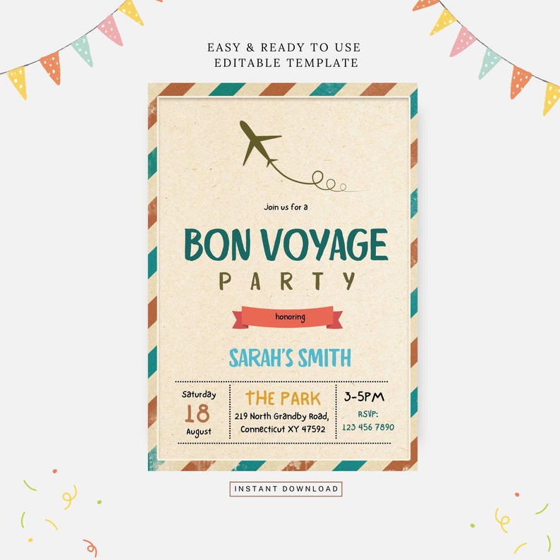 Bon Voyage Party, Editable Template, Instant Download, DIY Invitation ...