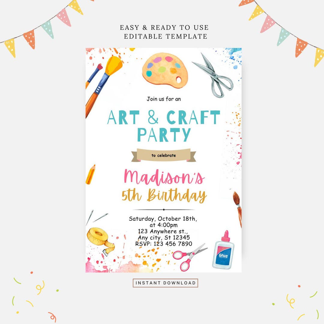 Art and Craft Party Invitation, Editable Template, Instant Download ...