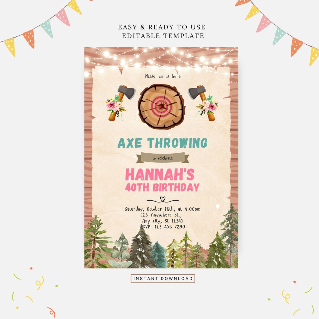 Axe Throwing Girl Party Invitation, Editable Template, Instant Download ...