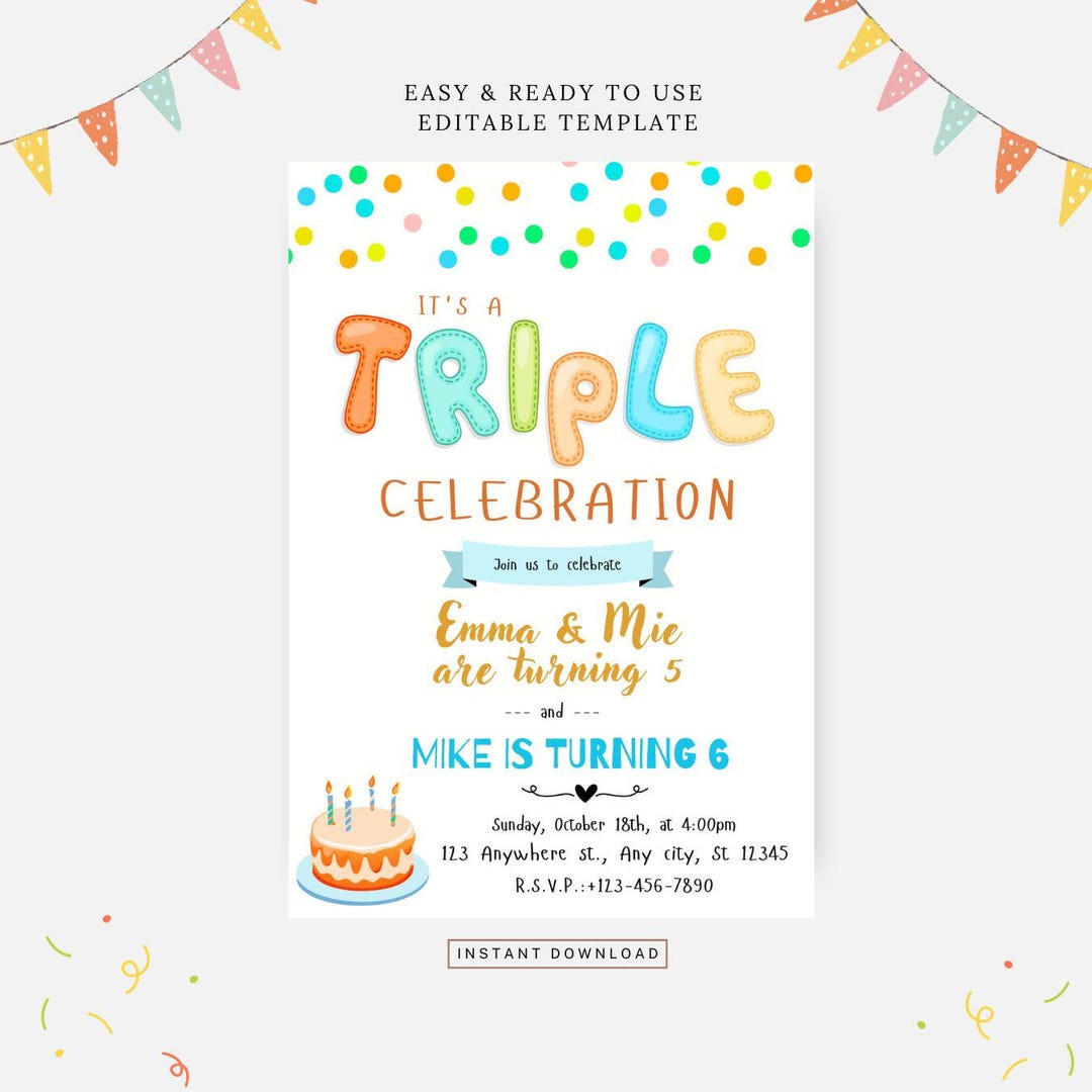 Triple Birthday Invitation, Editable Template, Instant Download, DIY ...