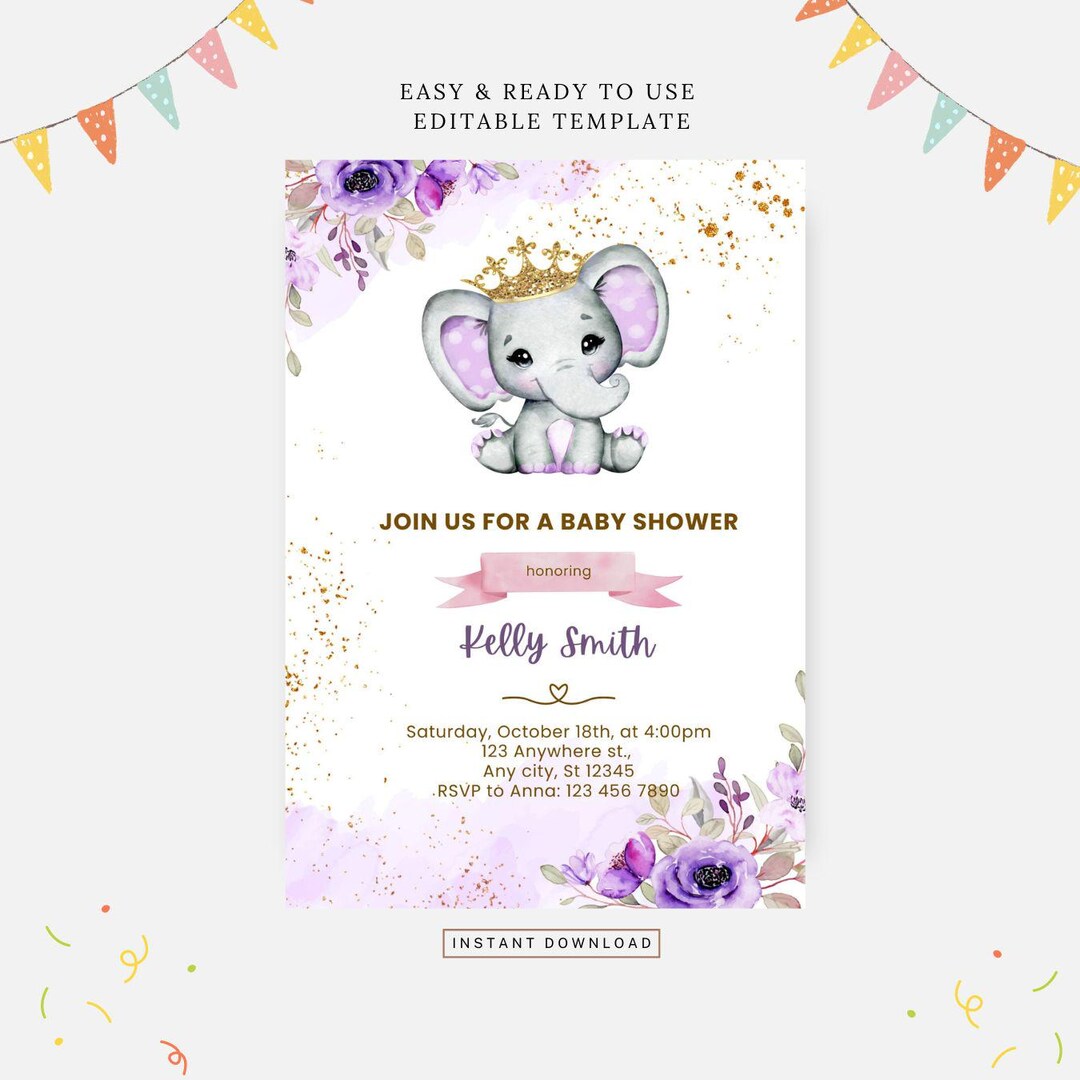 Purple Floral Elephant Invitation, Editable Template, Instant Download ...
