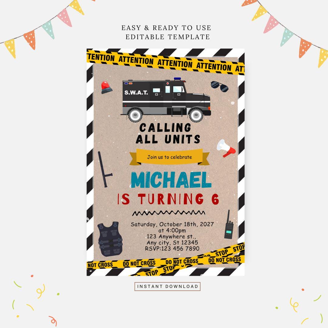 SWAT Birthday Invitation, Editable Template, Instant Download, DIY ...