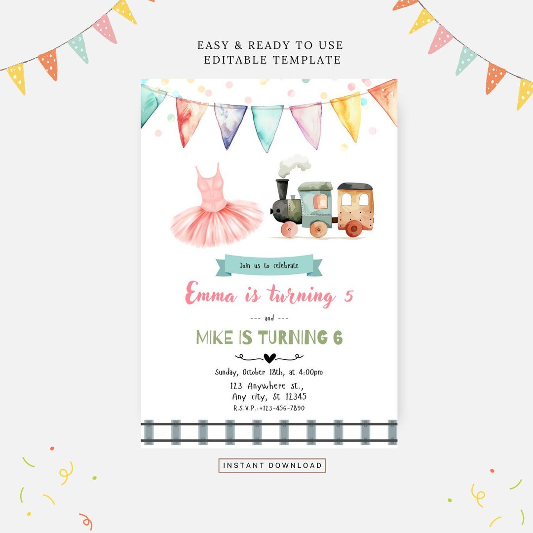 Train and Tutu Joint Party Invitation, Editable Template, Instant ...