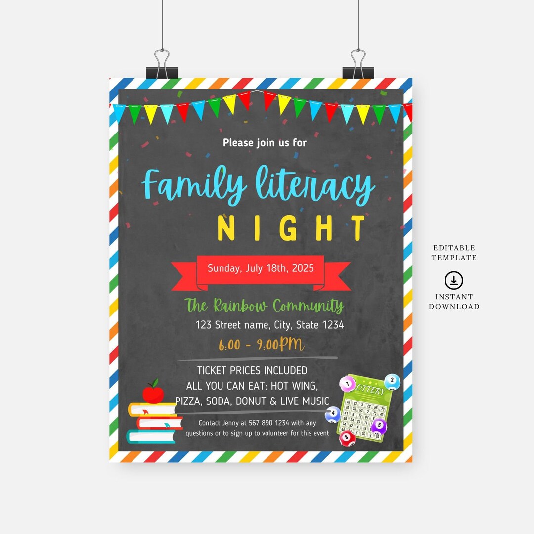 Family Literacy Night Flyer, Editable Template, Instant Download, DIY ...