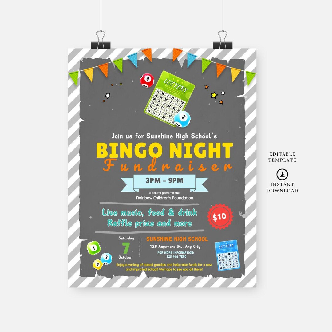 Bingo Night Theme Fundraiser Flyer, Editable Template, Instant Download ...
