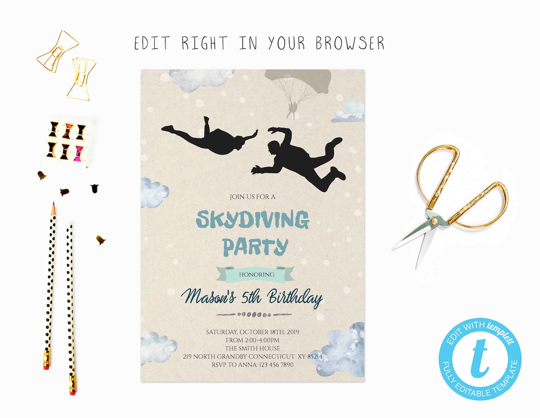 Skydiving Party, TRY BEFORE You BUY, Instant Download, Edit Yourself ...