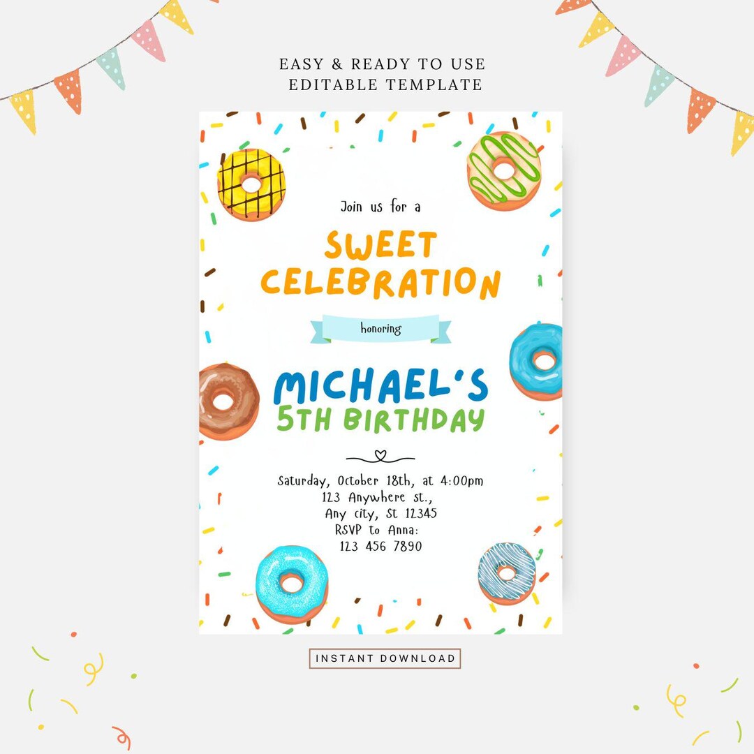 Donuts Boy Birthday Invitation, Editable Template, Instant Download ...
