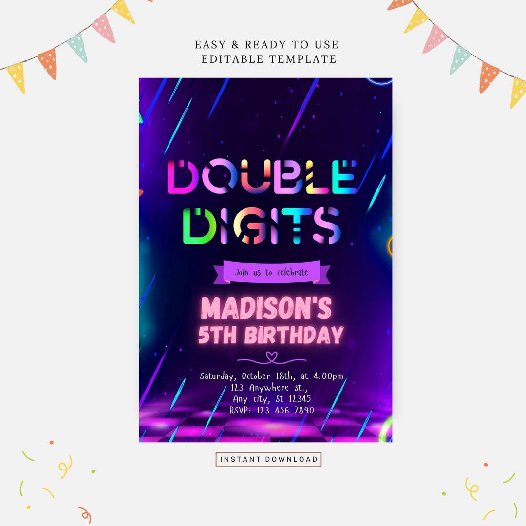 Neon Double Digits Party Invitation, Editable Template, Instant ...