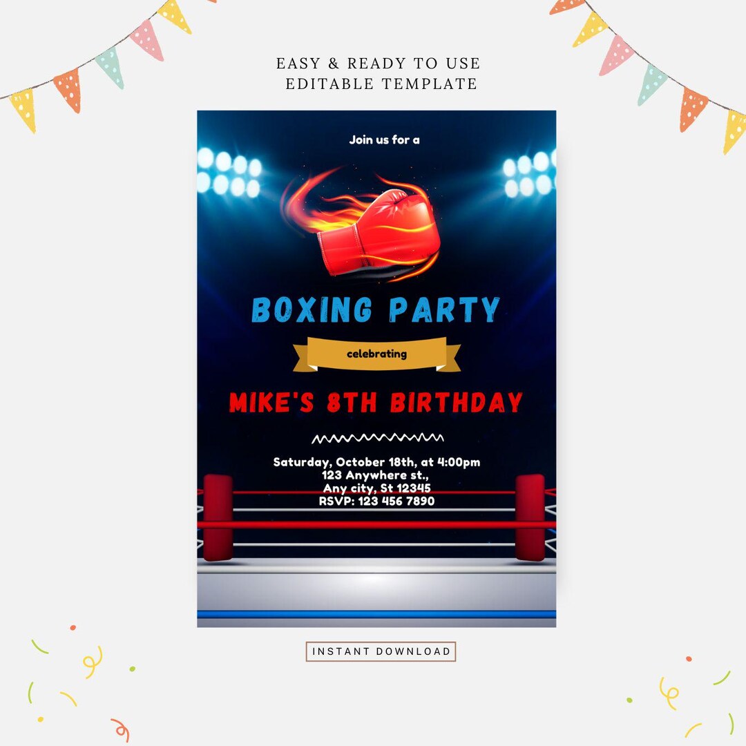 Boxing Birthday Party Invitation, Editable Template, Instant Download ...