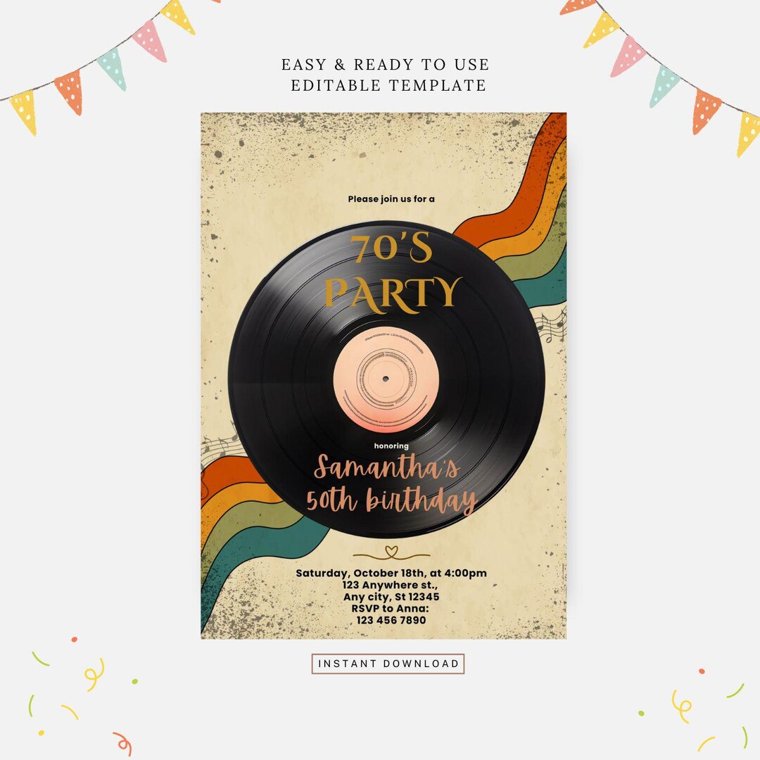 Retro Vinyl Record Invitation, Editable Template, Instant Download, DIY ...