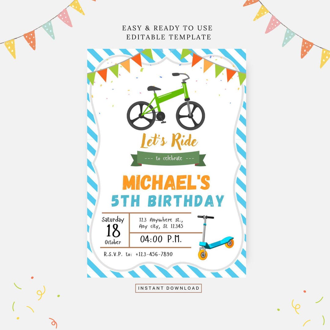 Bicycle and Scooter Party Invitation, Editable Template, Instant ...