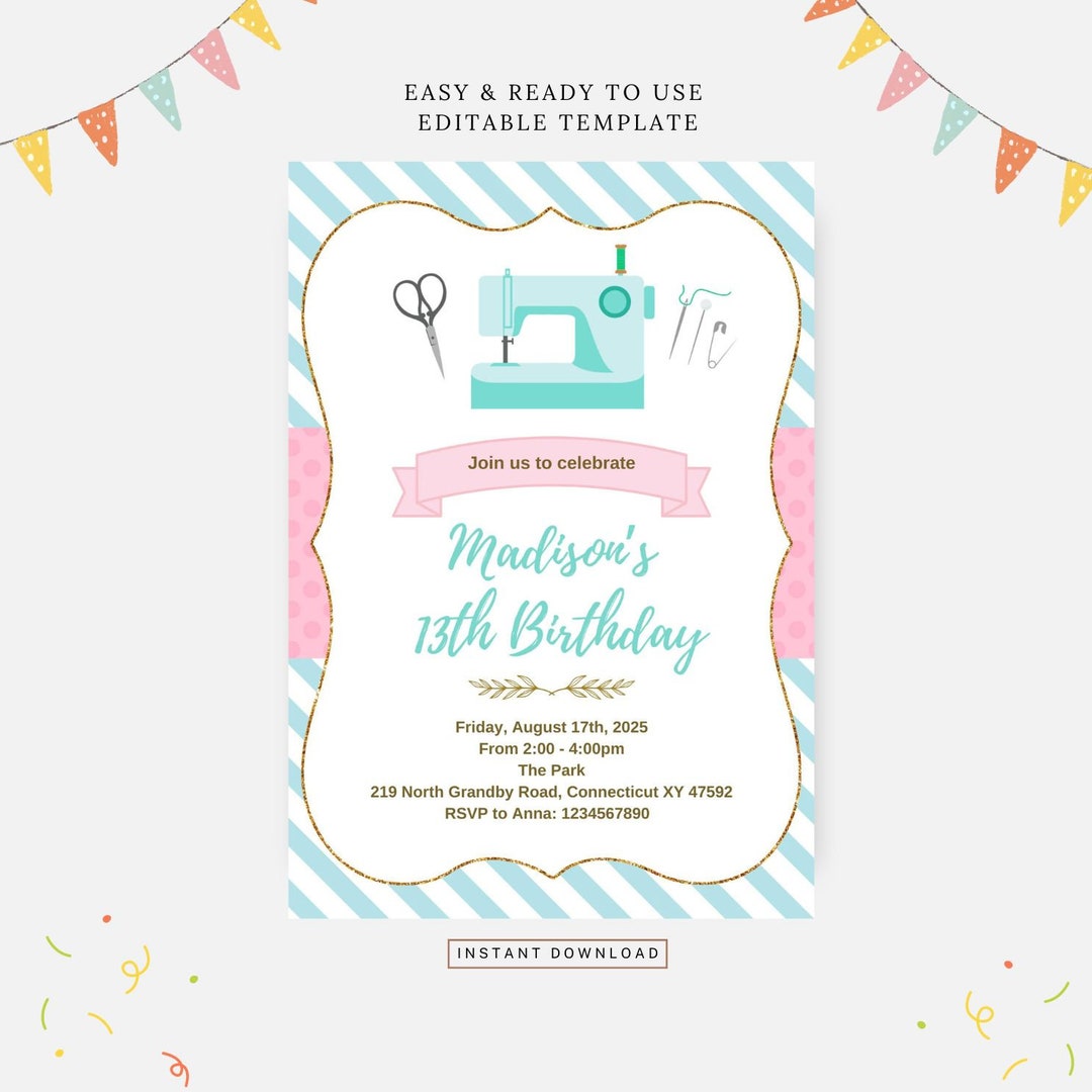 Cute Sewing Party, Editable Template, Instant Download, DIY Invitation ...