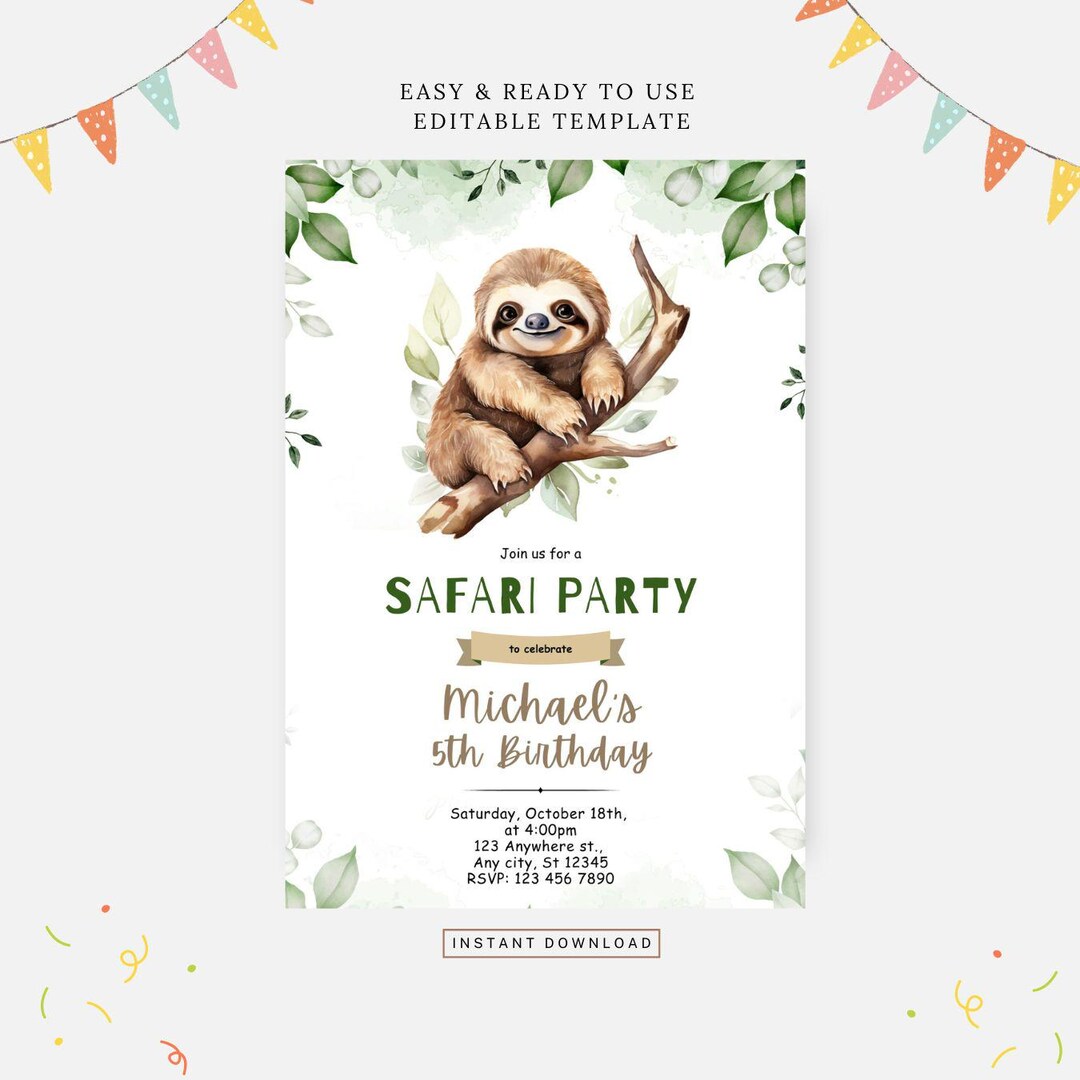 Sloth Party Invitation, Editable Template, Instant Download, DIY ...