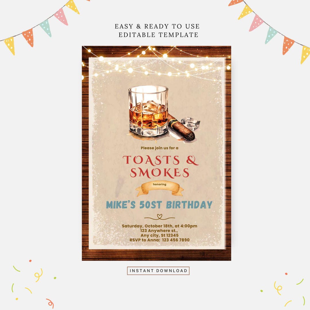 Whiskey and Cigars Party Invitation, Editable Template, Instant ...