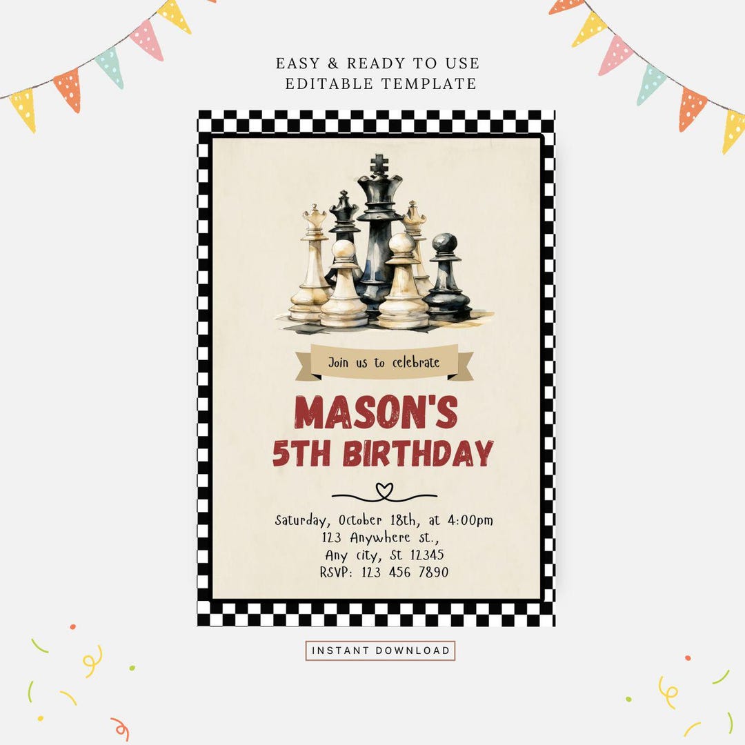 Chess Party Invitation, Editable Template, Instant Download, DIY ...