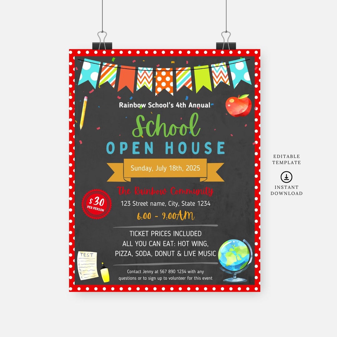 School Open House Flyer, Editable Template, Instant Download, DIY Flyer ...